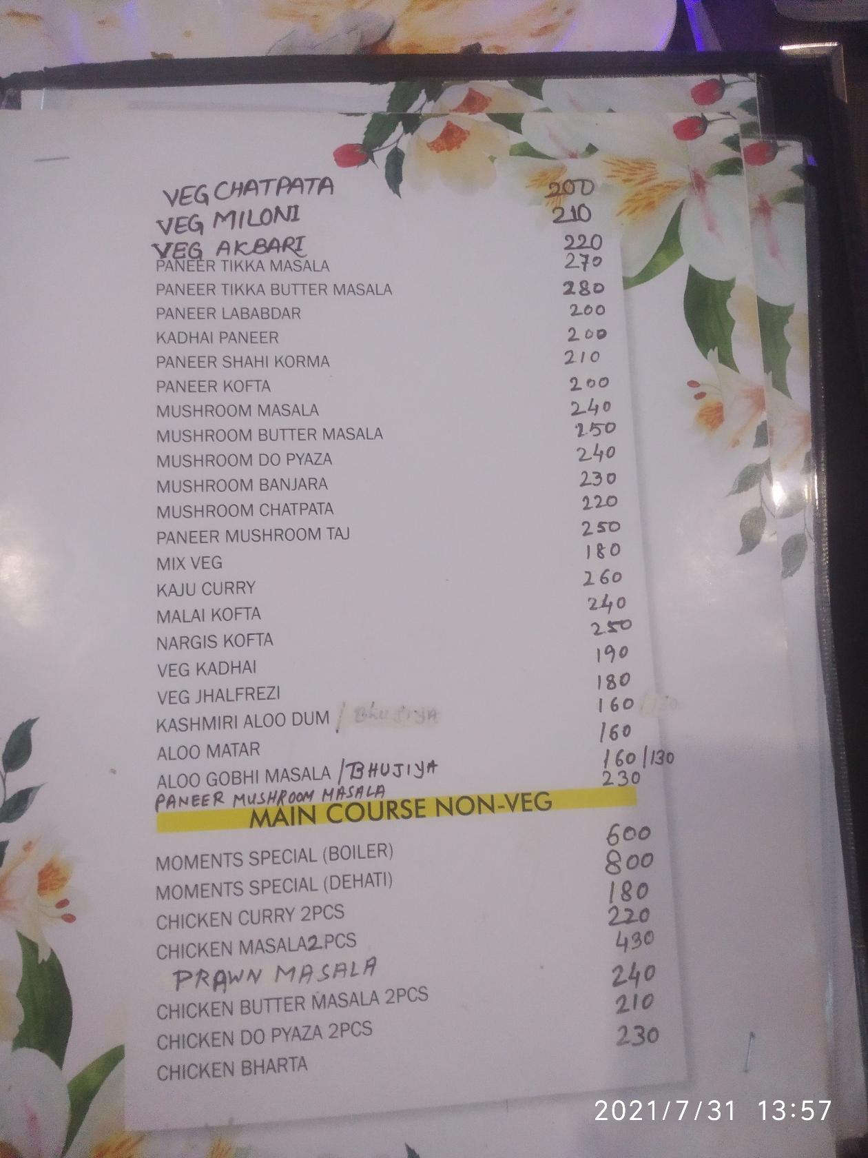 Menu at Moments Resort, Ranchi