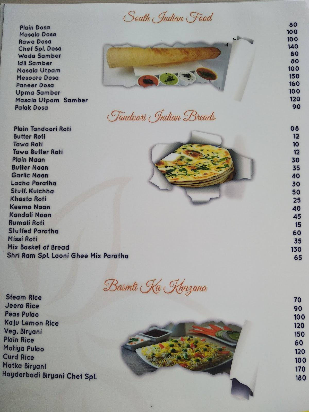 Menu at Rao Family Dhaba, Khijuriwas