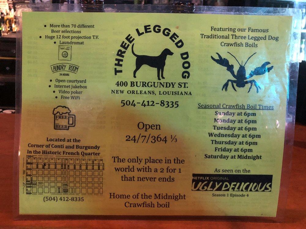 Menu at Three Legged Dog pub & bar, New Orleans