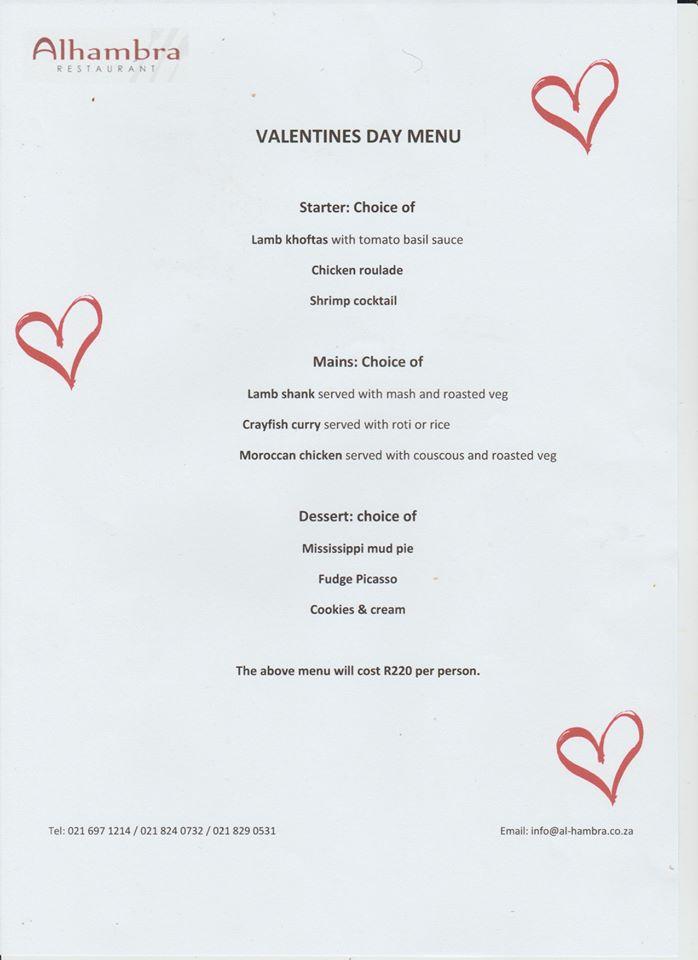 Menu at Alhambra Restaurant, Cape Town
