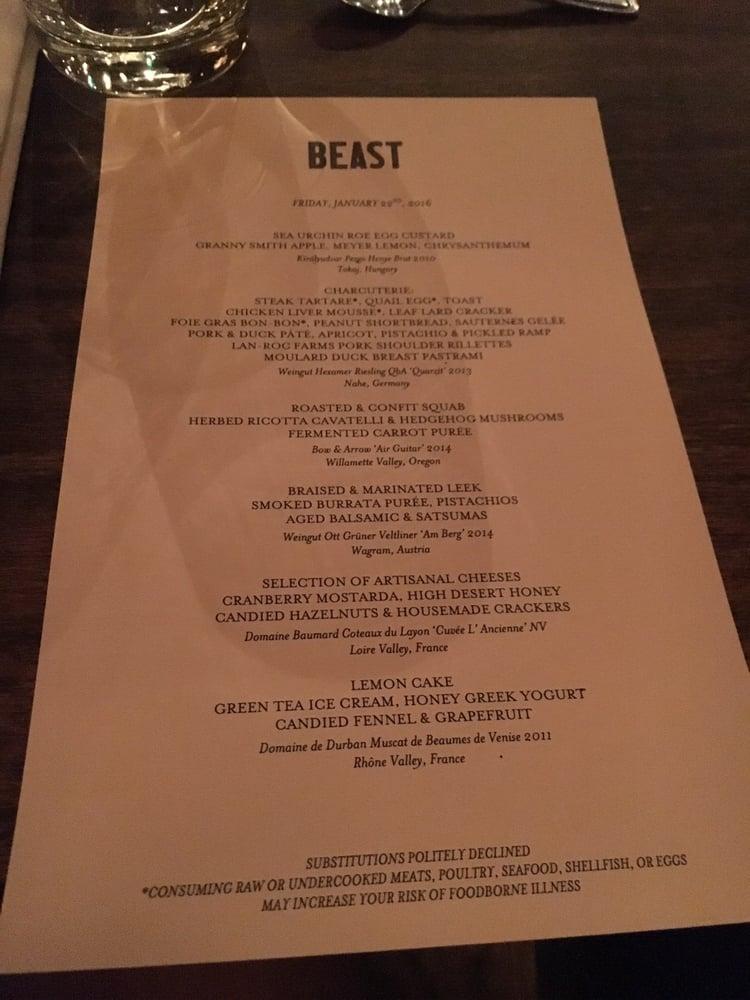 Menu at Beast restaurant, Portland