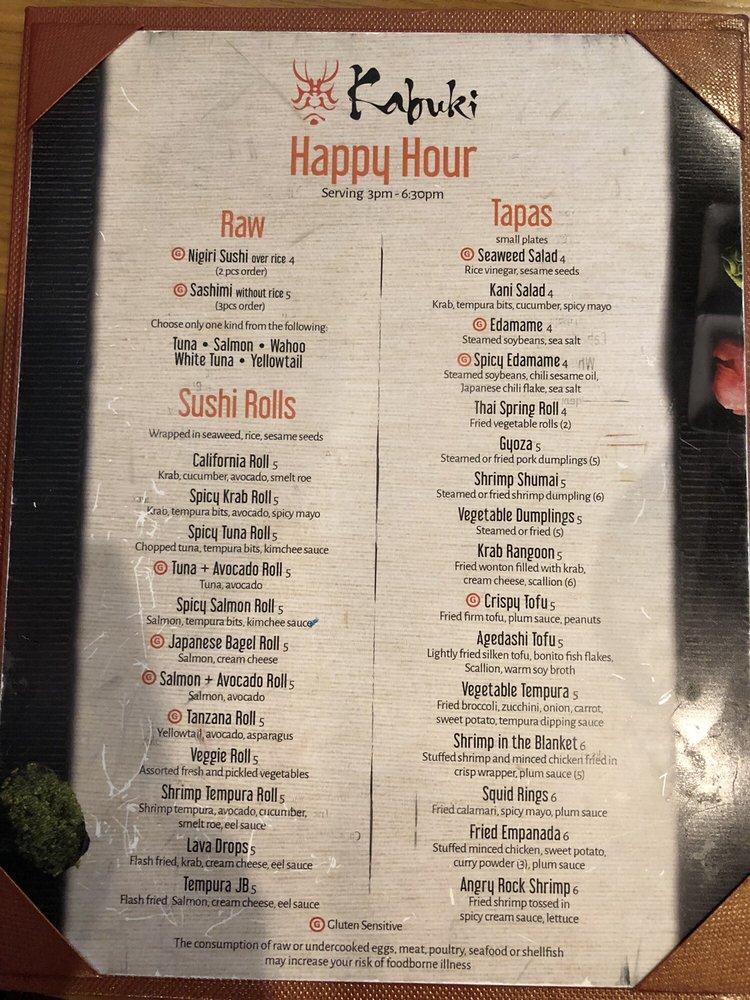Menu at Kabuki Sushi Thai Tapas restaurant, Wellington