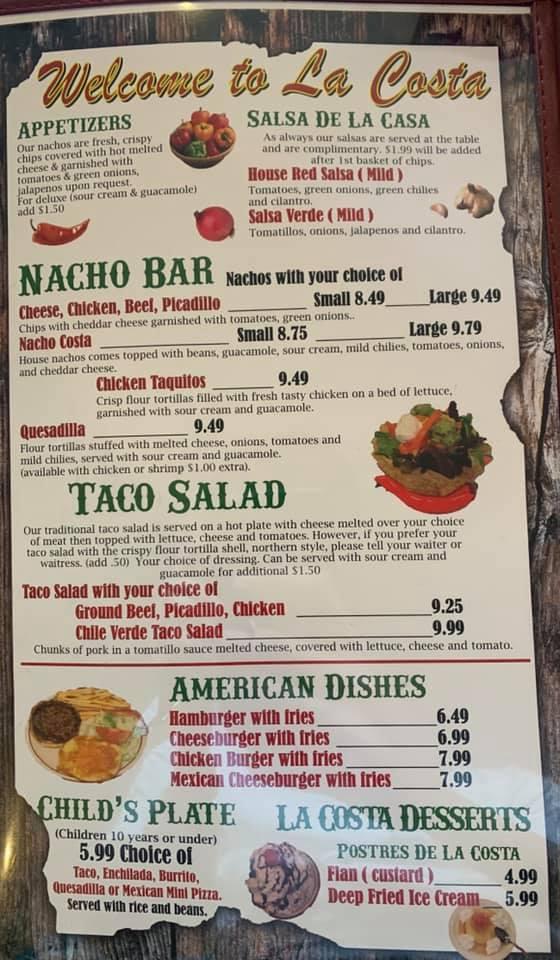 Menu at La Costa restaurant, Emmett