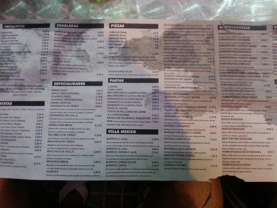 Carta de pizzería MWR Pizza Villa, Rota