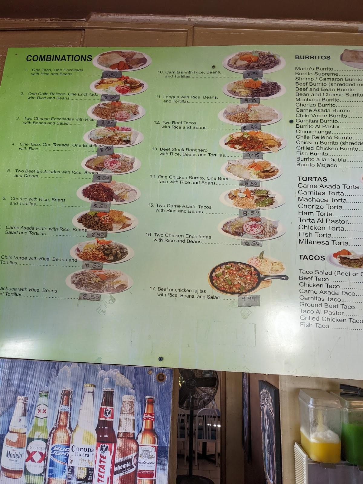 Menu at Mario's Taco Shop fast food, Merced, 51 W 16th St