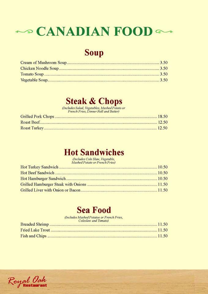 Menu at Royal Oak Restaurant, Orillia