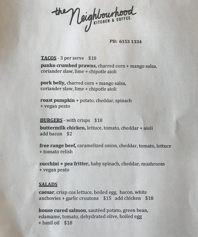 Menu at The Neighbourhood Kitchen, Coffee & Bottle Shop cafe, Attadale