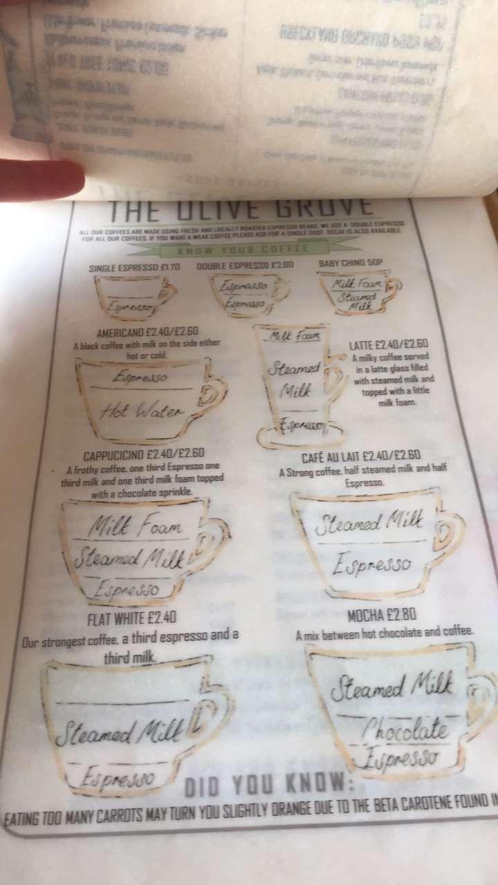 Menu at The Olive Grove cafe, Conwy
