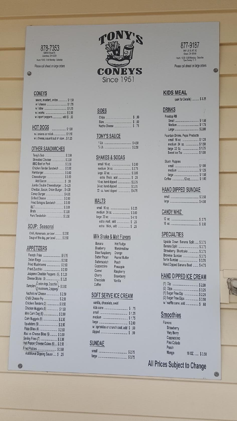Menu at Tony's Coneys restaurant, Columbus
