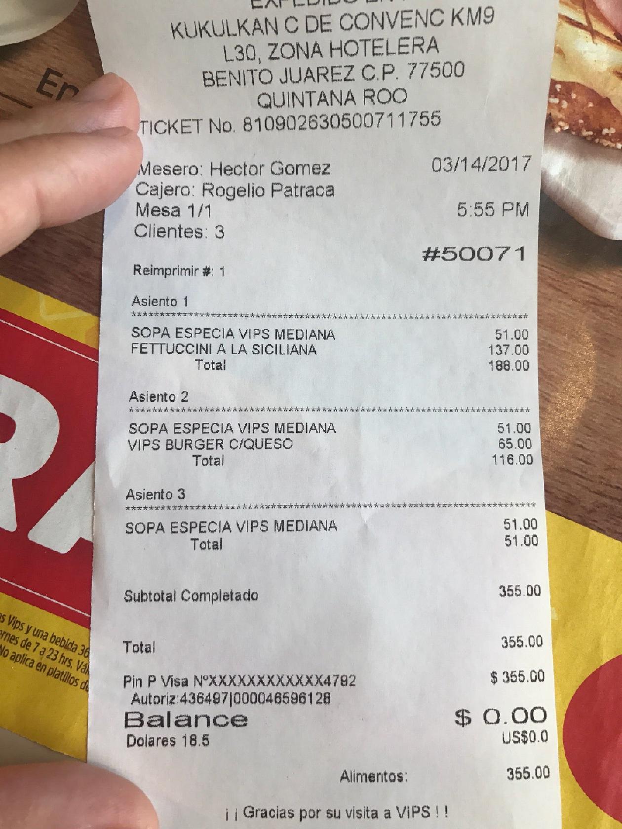 Carta de cafetería Vips, Cancún, Paseo Kukulcán