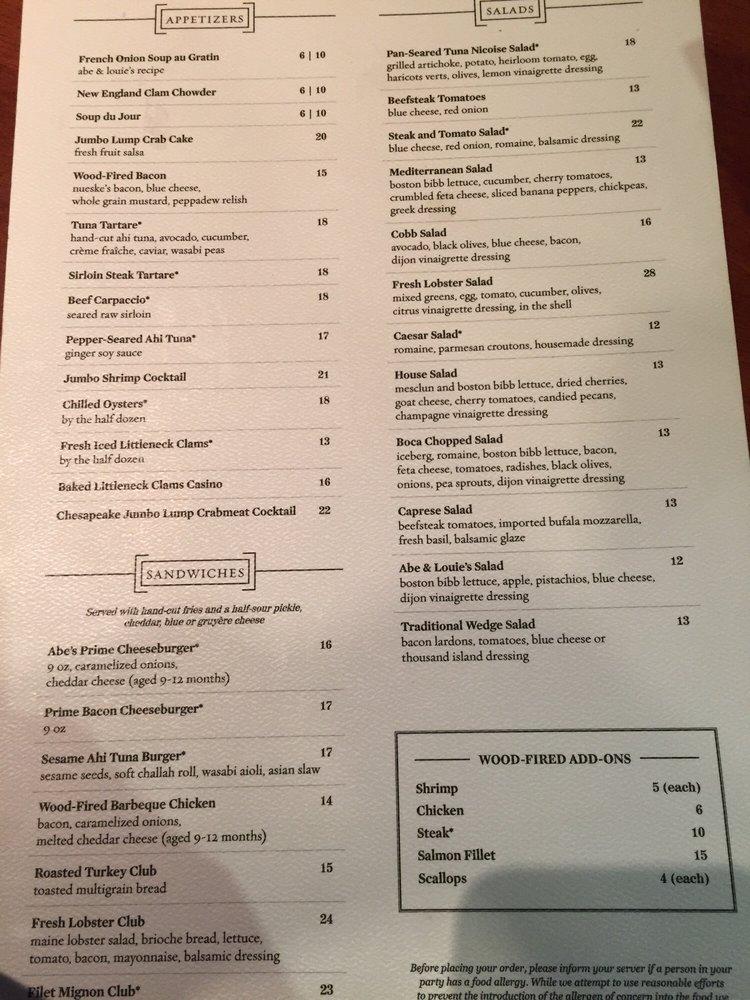 Menu at Abe & Louie's pub & bar, Boston