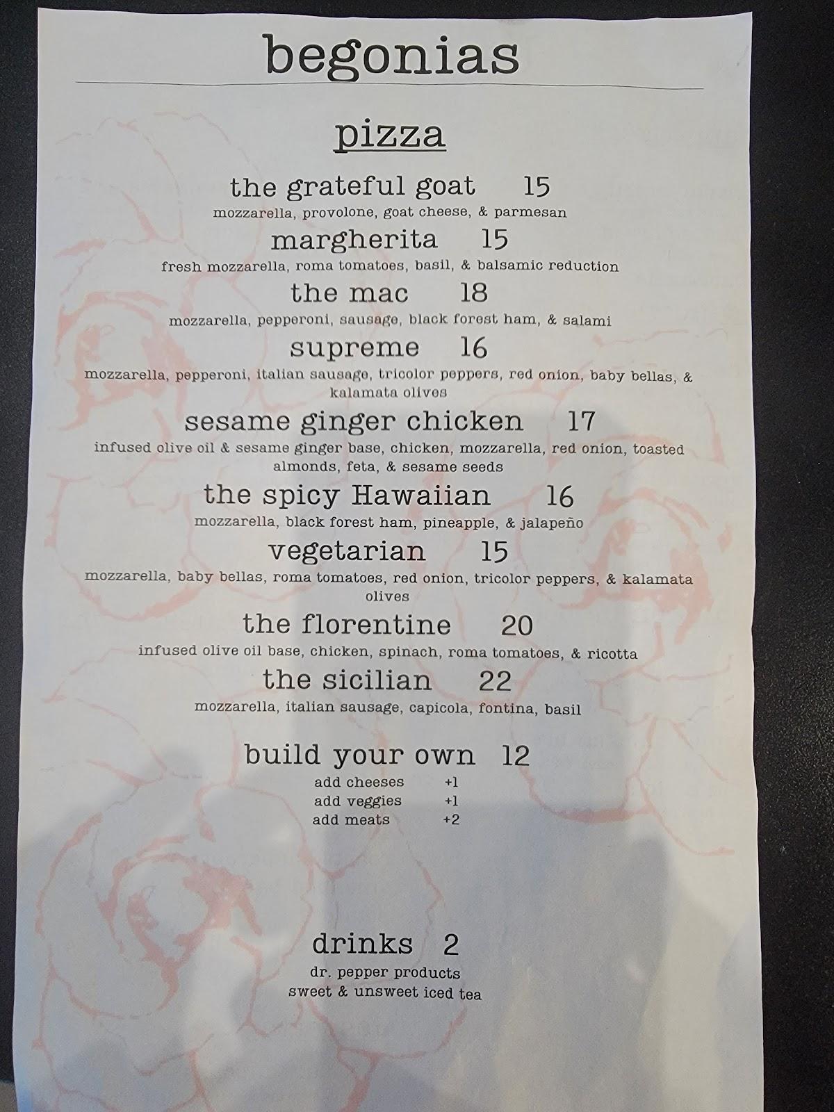 Menu at Begonias pizzeria, McMinnville