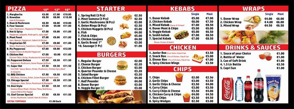 Menu at Amigo’s Pizza & Grill pizzeria, Cork