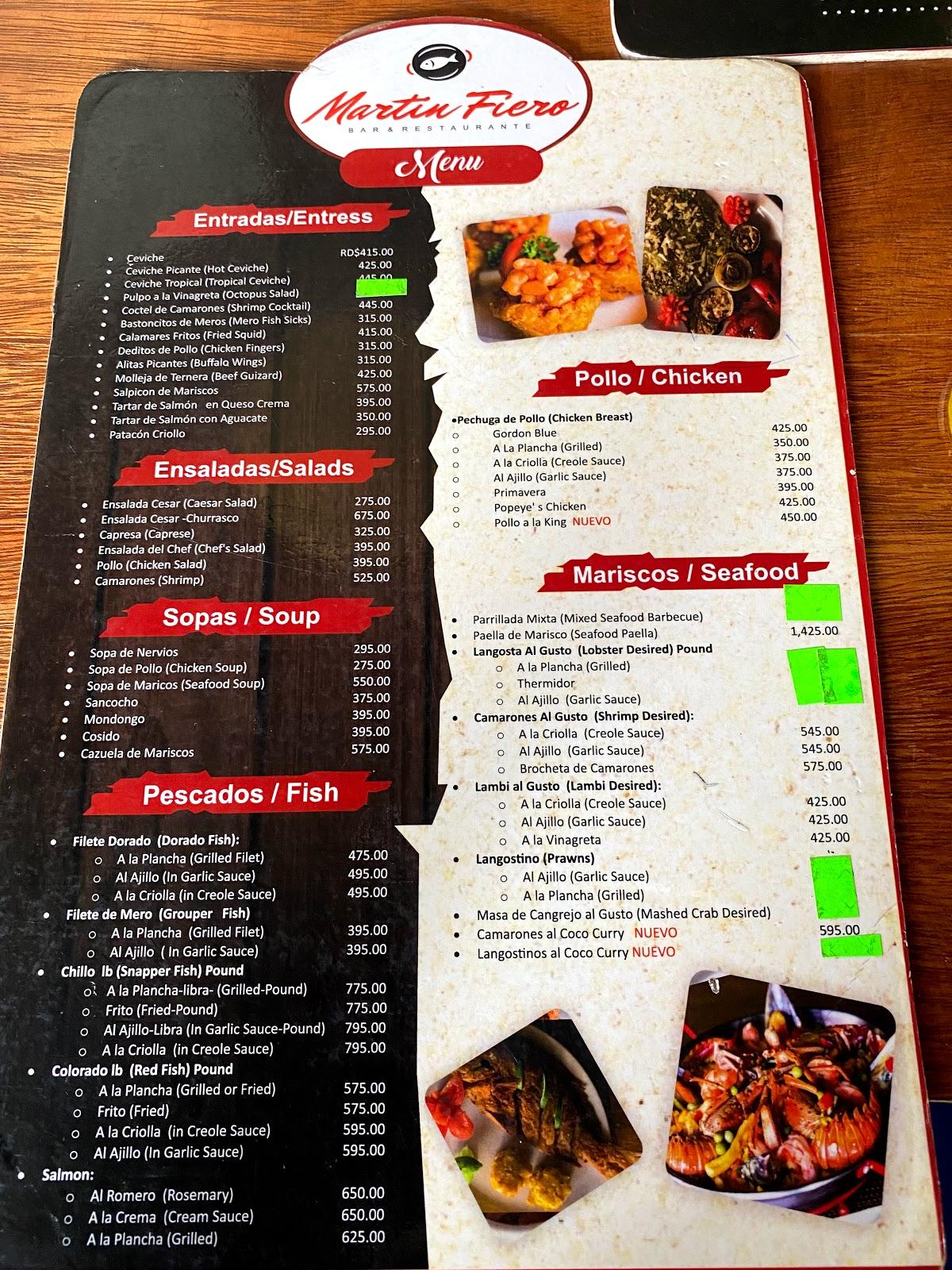 Menu at Martin Fiero restaurant, Juan Dolio