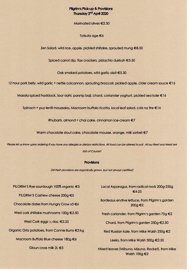 Menu at PILGRIM'S Restaurant, Rosscarbery