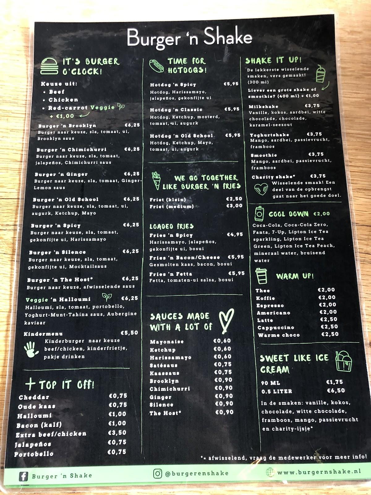 Menu at Burger 'n Shake, Amsterdam, Land van Cocagneplein 1D