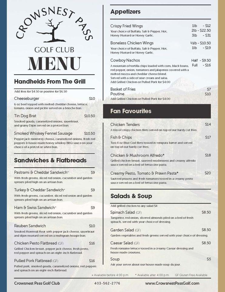 Menu at Crowsnest Pass Golf Club, Crowsnest Pass