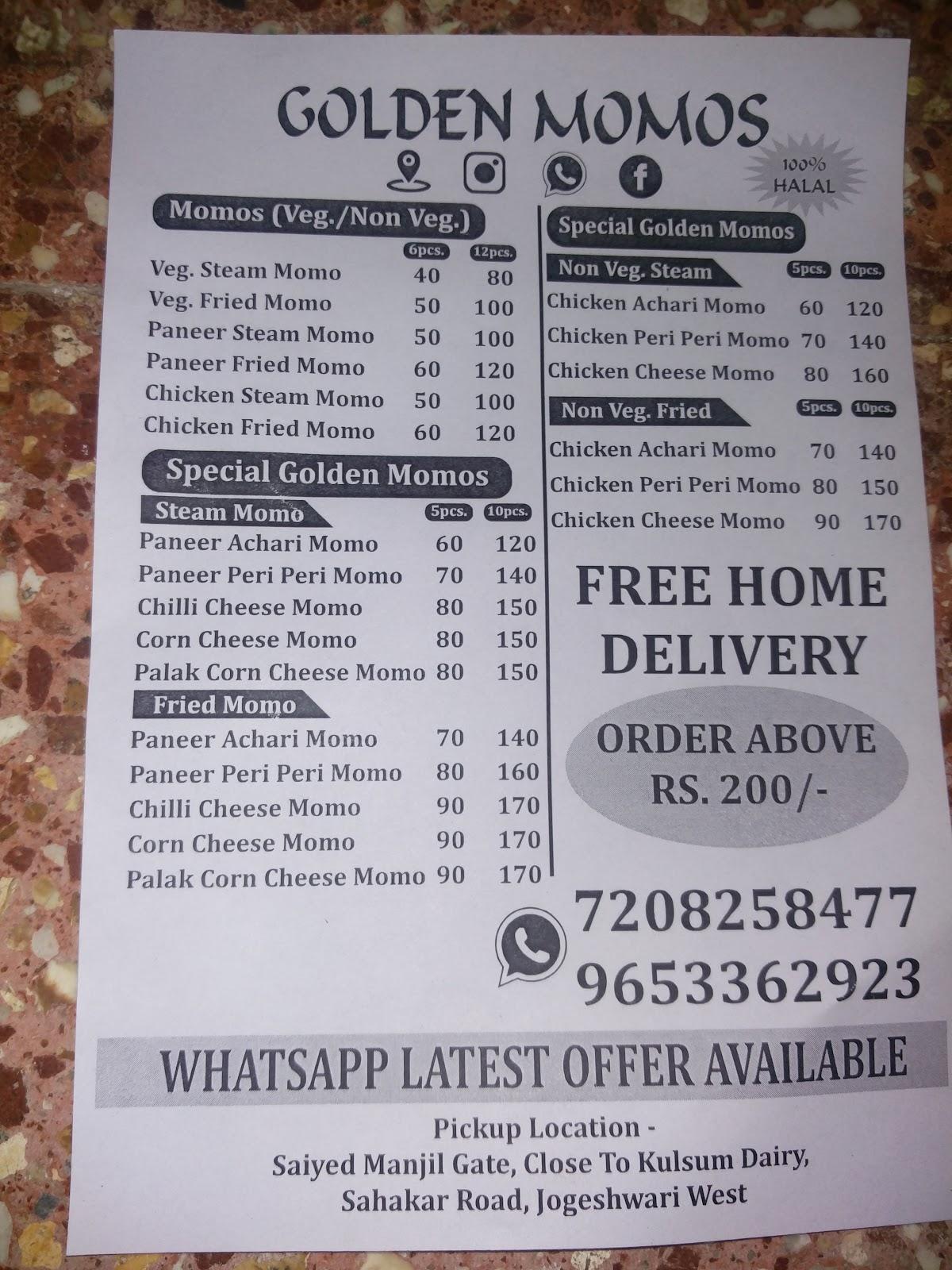 Menu at Golden Momos, Mumbai