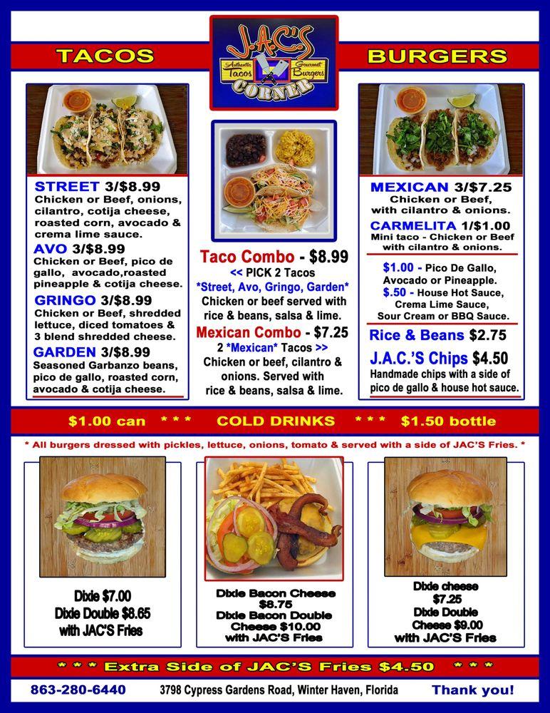 Menu at J.A.C.'S Corner restaurant, Winter Haven