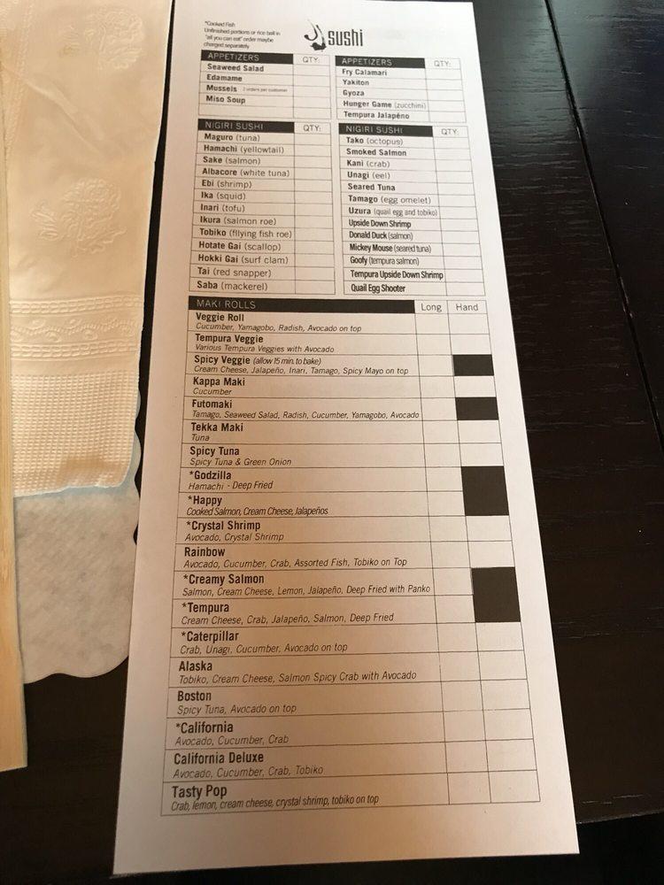 Menu at JJ's Sushi restaurant, Sparks