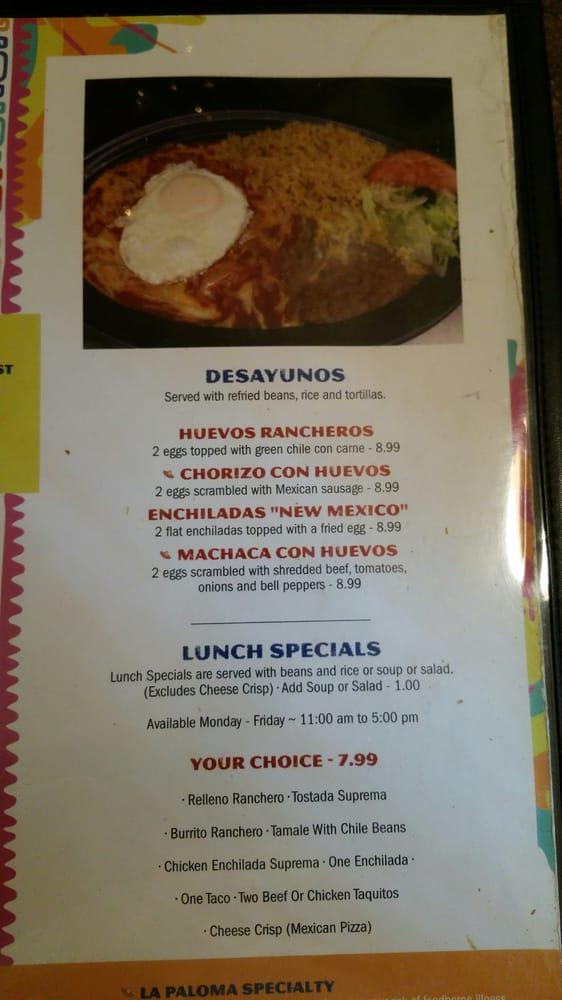 Menu at La Paloma Mexican Restaurant, La Verne