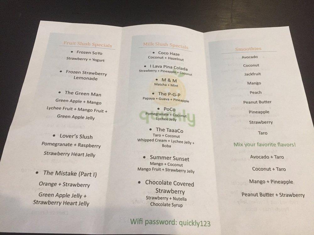 Menu at Quickly Boba Cafe. USF, Temple Terrace