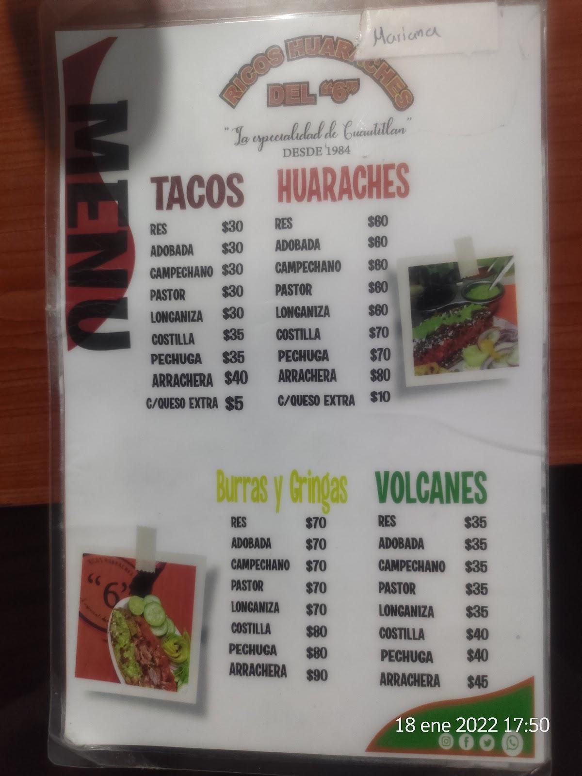 Carta del restaurante Ricos Huaraches del "6" Sucursal Xhala ...