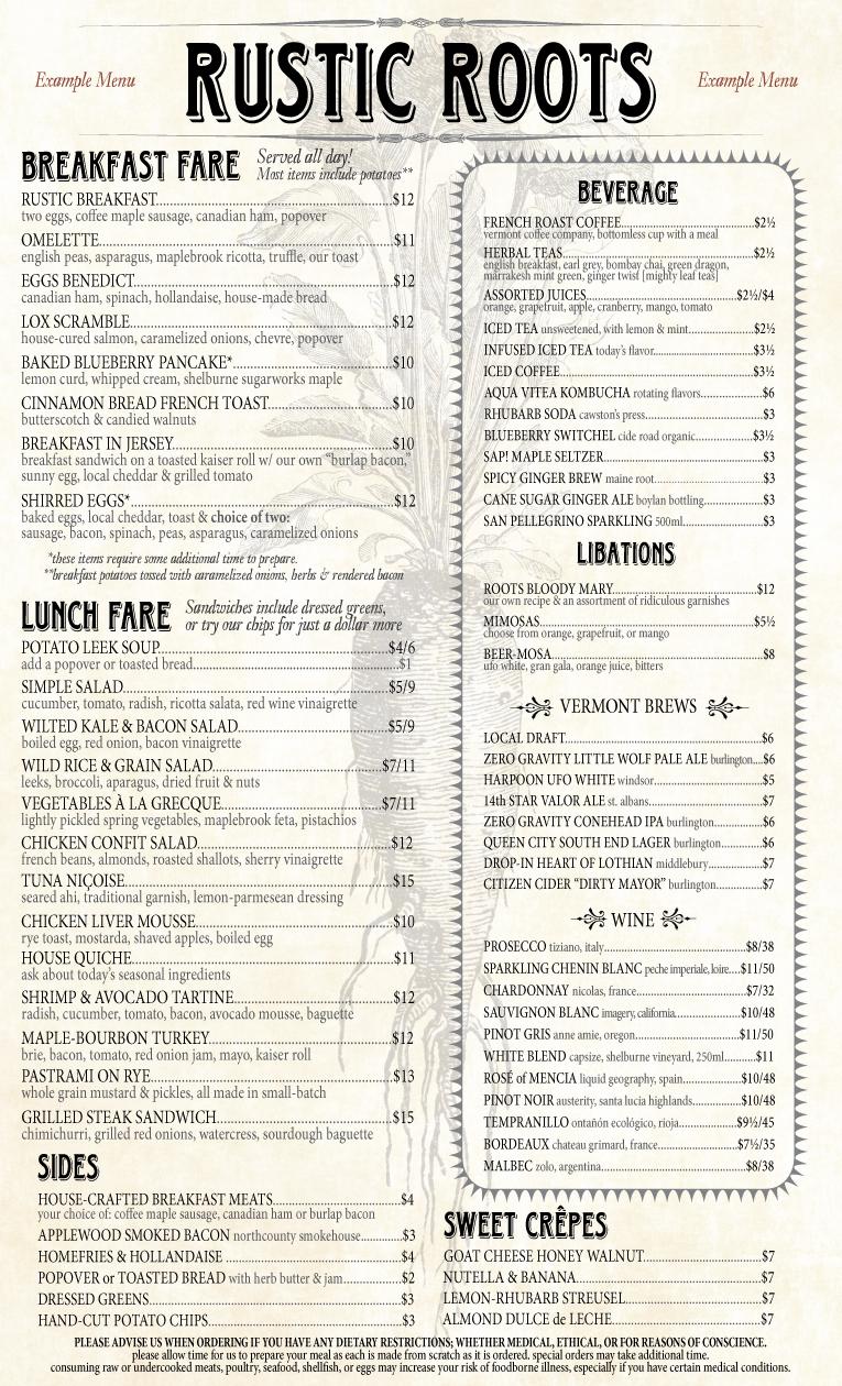 Menu at Rustic Roots pub & bar, Shelburne