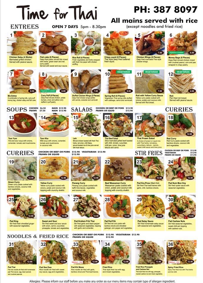 Menu at Time For Thai restaurant, Wellington, 57 Bay Rd