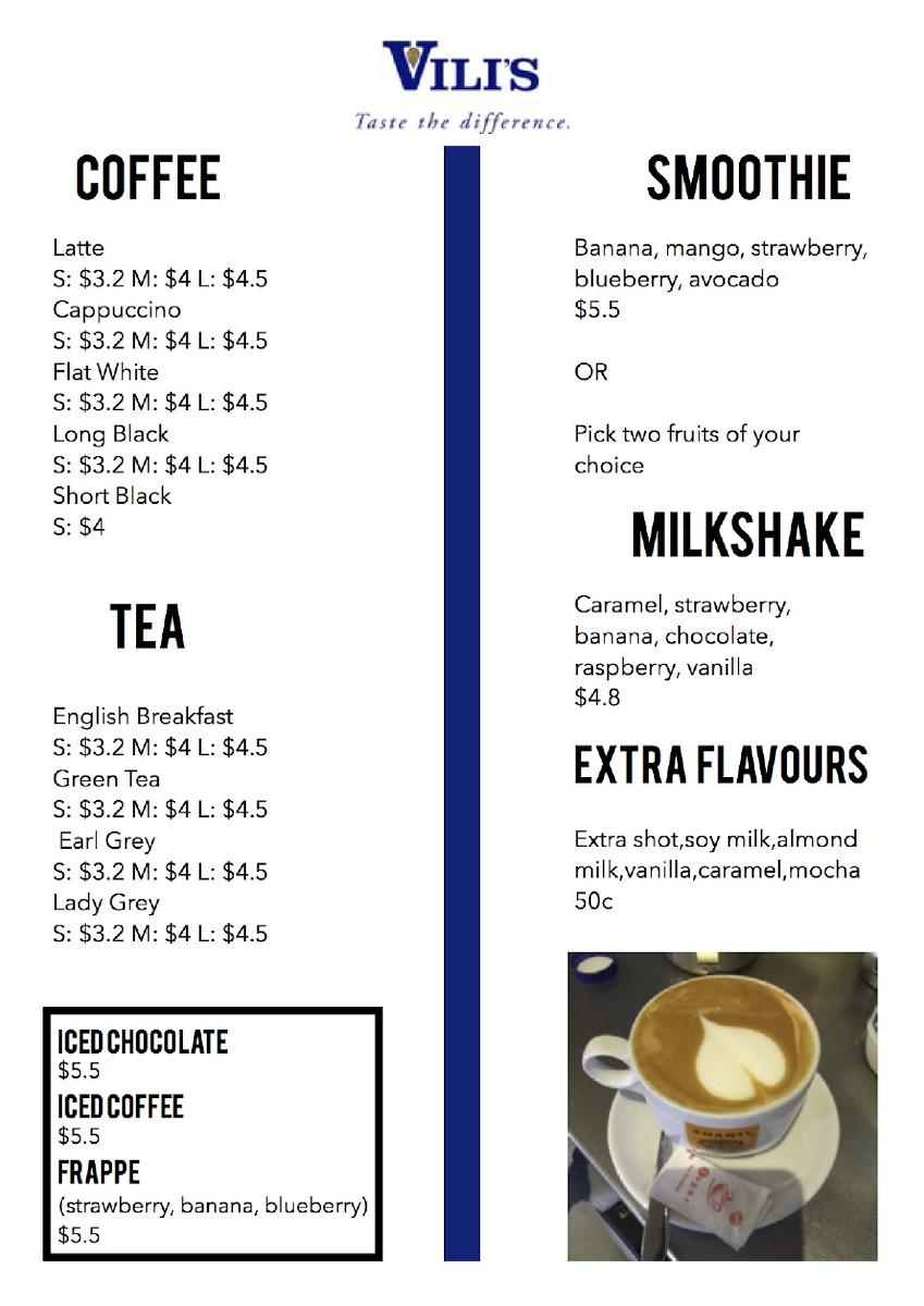 Menu at Vili's Cafe & Bakery, Ourimbah