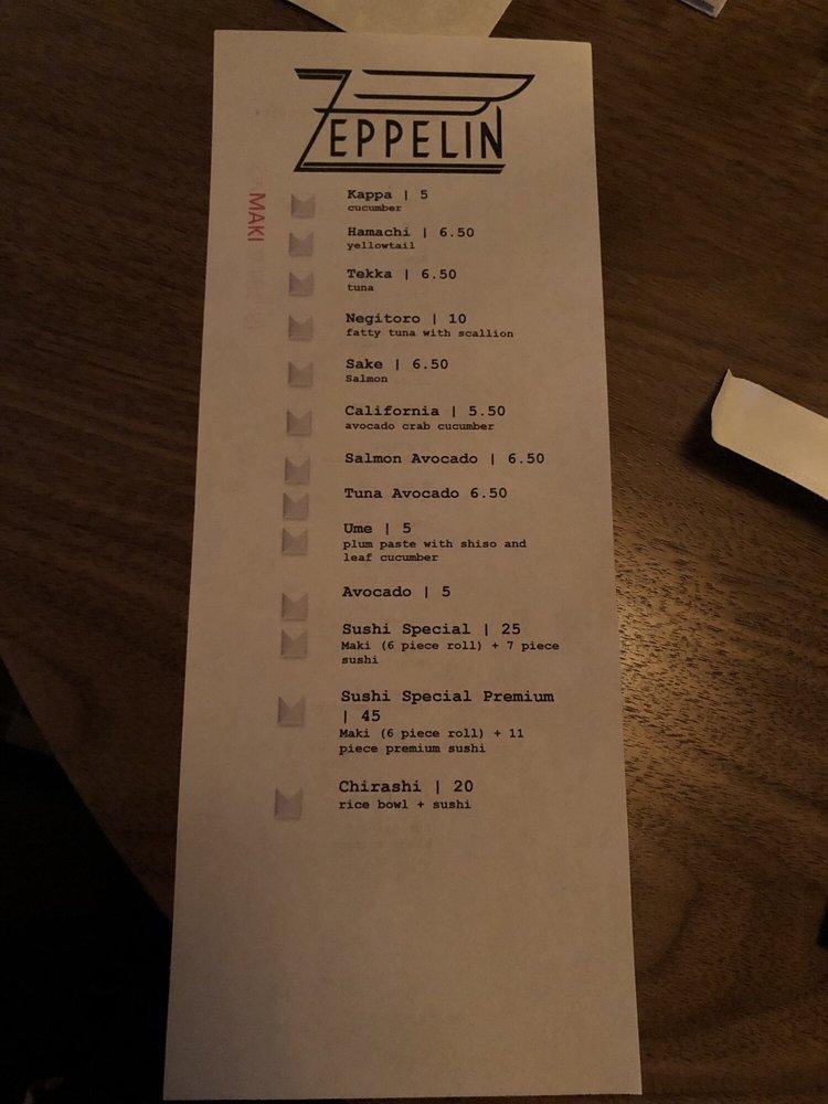 Carta del restaurante Zeppelin, Washington D. C.