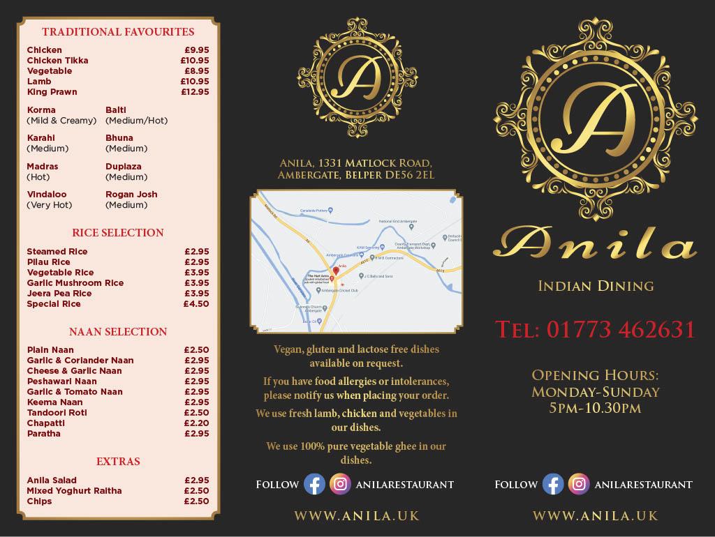 Menu at Anila restaurant, Belper