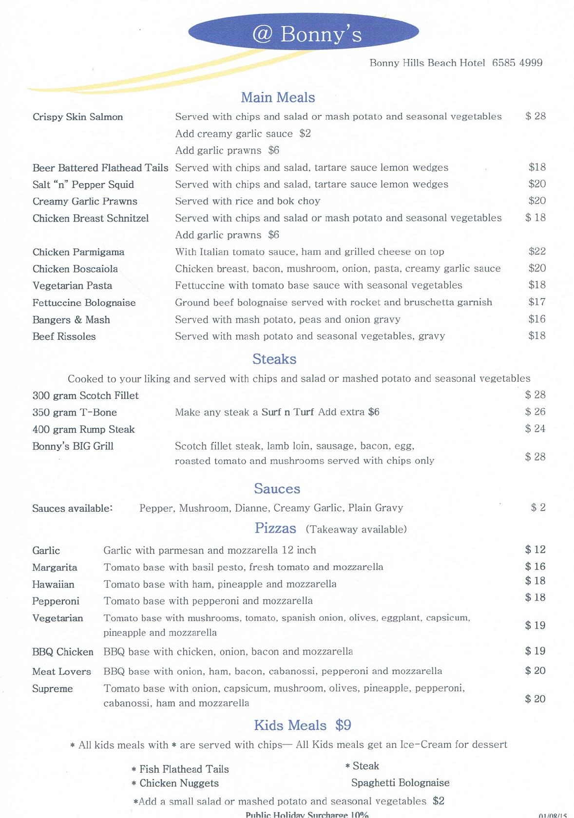 Menu at Bonny Hills Beach Hotel pub & bar, Bonny Hills