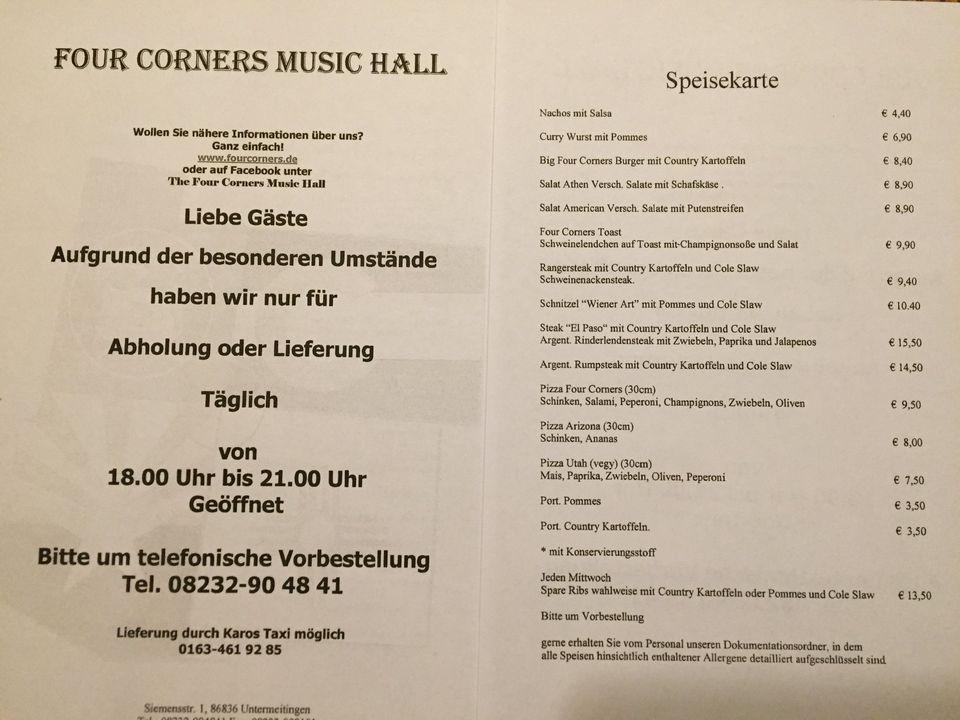 Menu at Four Corners Music Hall & Restaurant, Untermeitingen