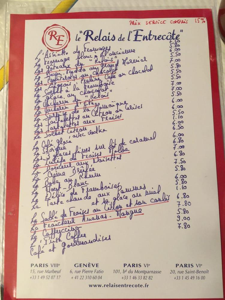 Menu au Le Relais de l'Entrecôte restaurant à viande, Paris, 15 Rue Marbeuf