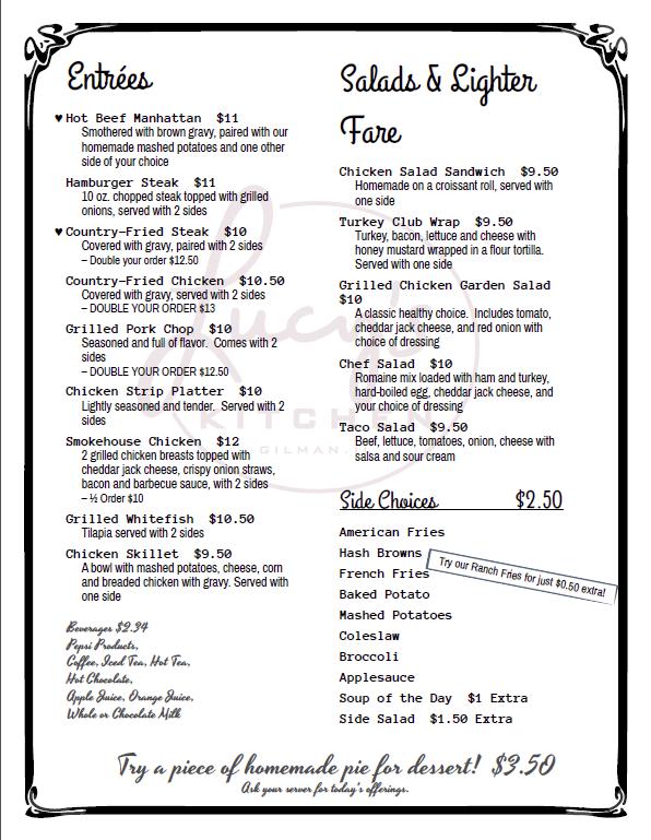 Menu at Lucy's Kitchen restaurant, Gilman