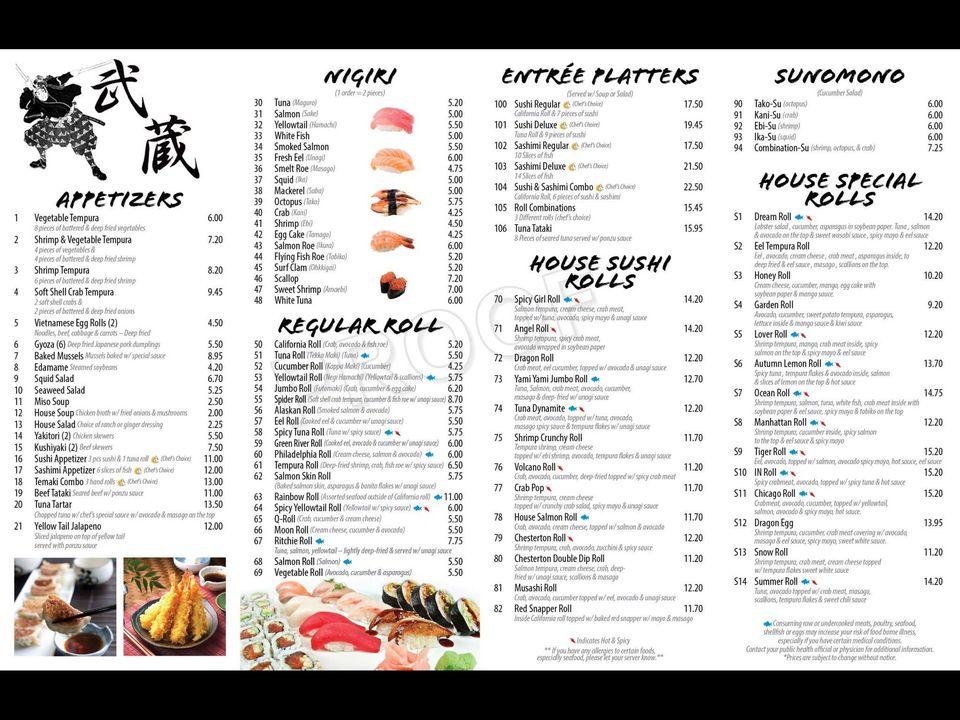 Menu at Musashi Japanese Restaurant & Sushi Bar, Chesterton