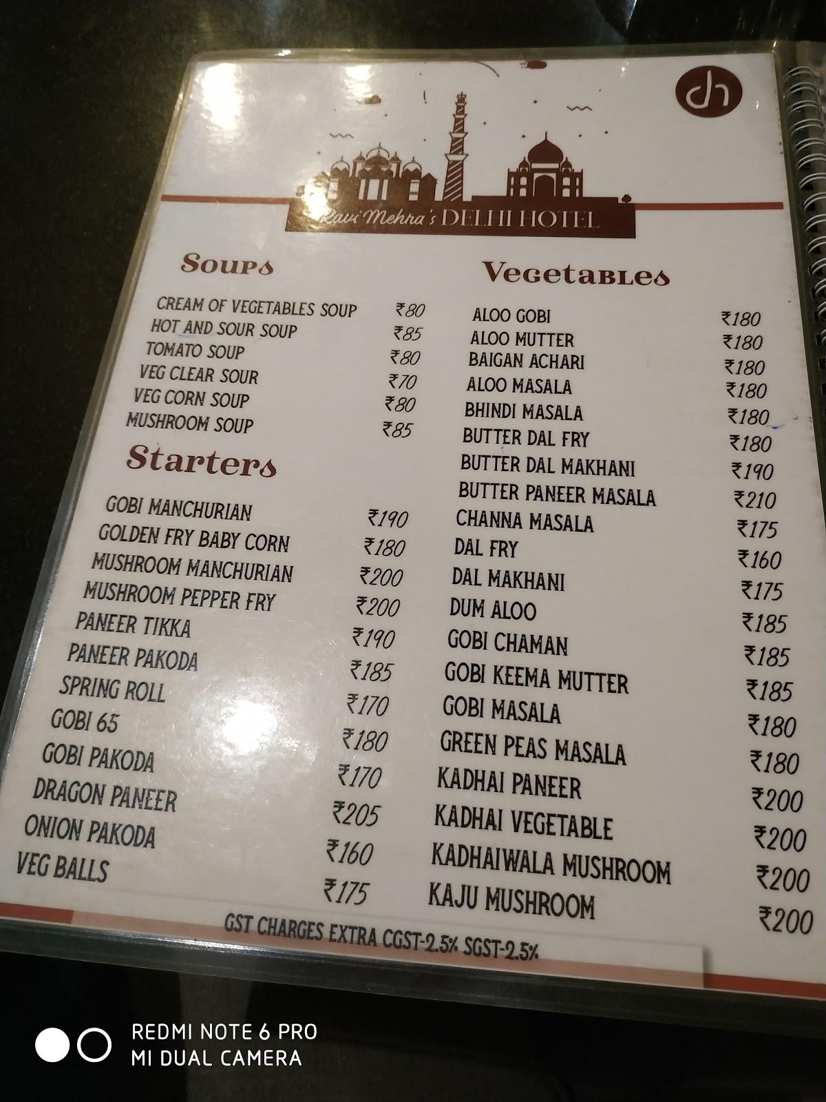 Menu at Ravi Mehra's Delhi Hotel, Chennai, 111