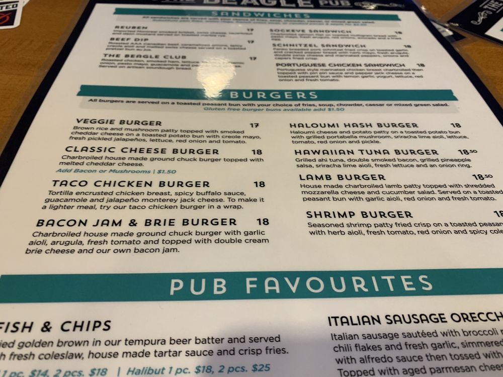 Menu at Beagle Pub, Victoria