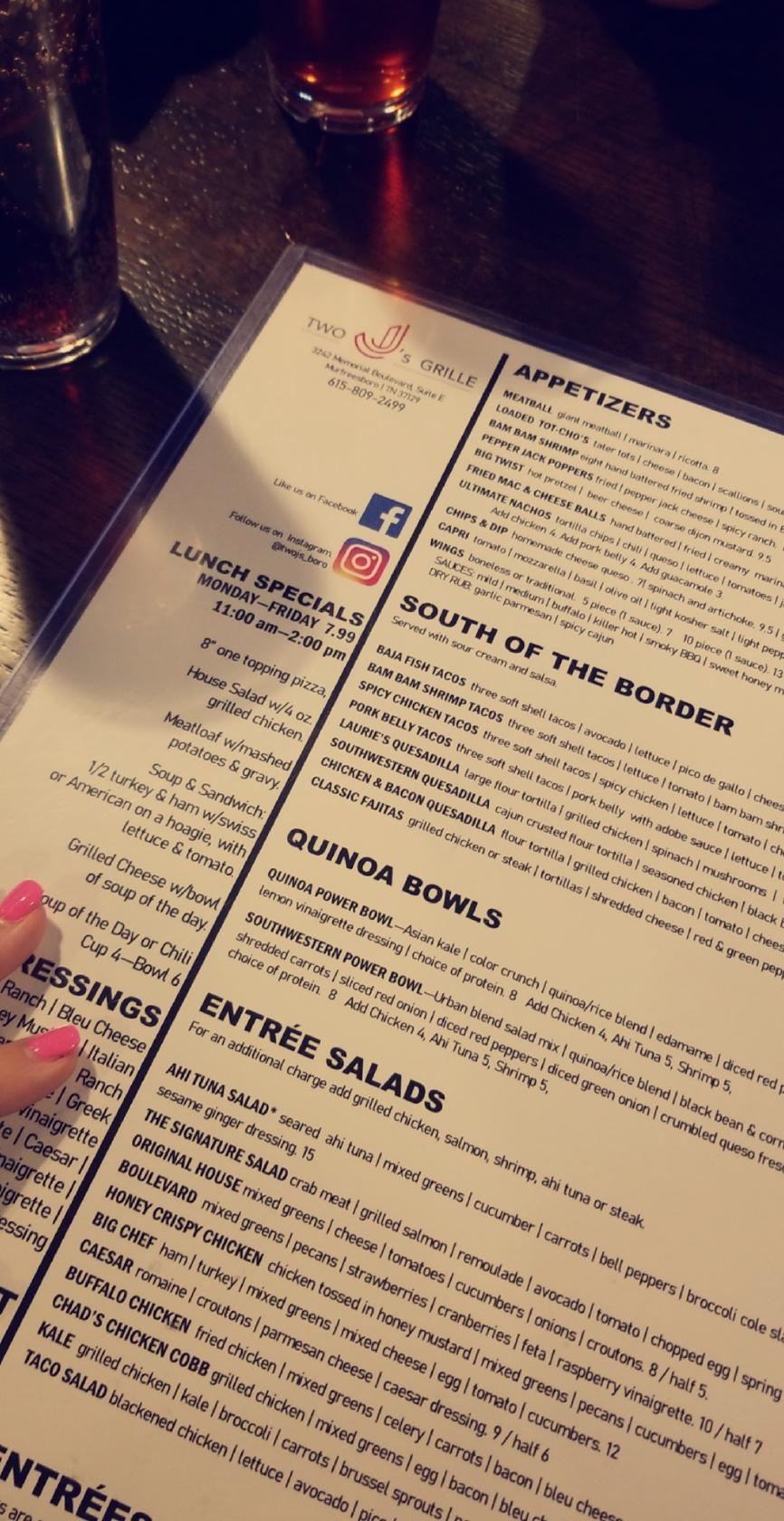 Menu at Two J's Grille pub & bar, Murfreesboro