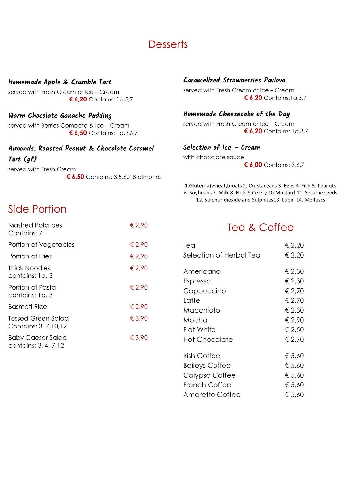 Menu at Cascada Restaurant, Ireland