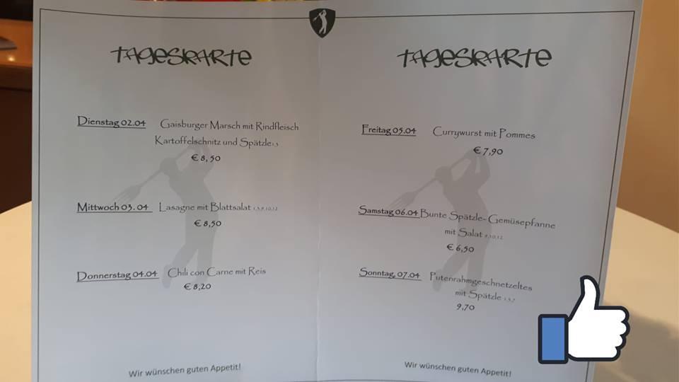 Menu at Fairway restaurant, Hechingen