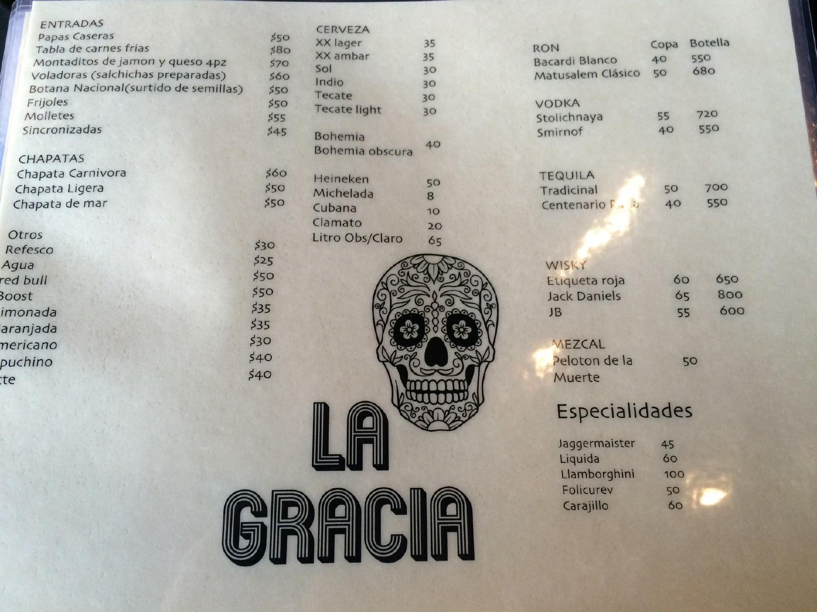 Menu at LA GRACIA cafeteria, Mexico City, Luz Saviñon 1211-B
