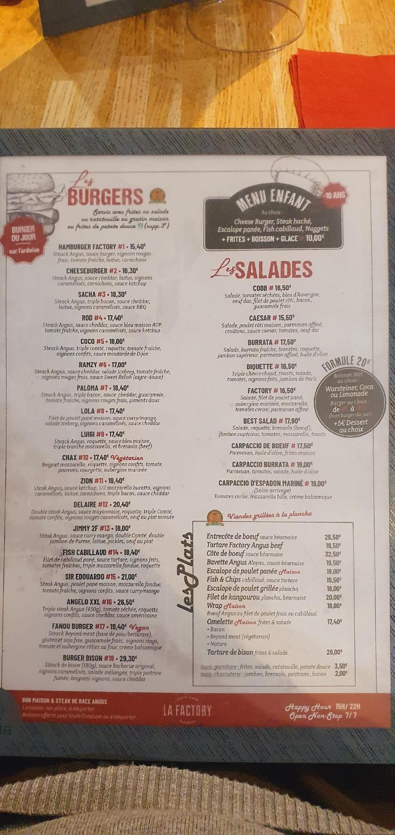 Carta del restaurante La Factory Burger, Issy-les-Moulineaux, 16 Rue ...