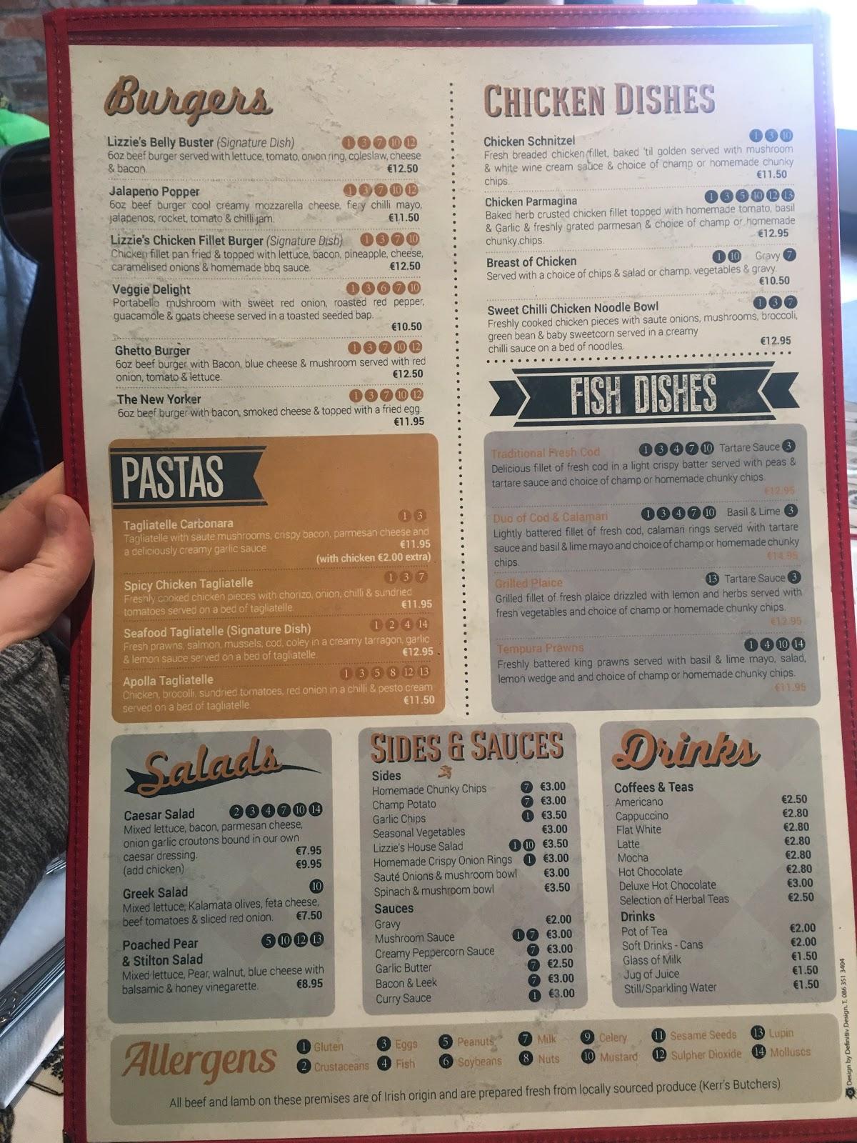 Menu at Lizzie's cafe, Dunfanaghy
