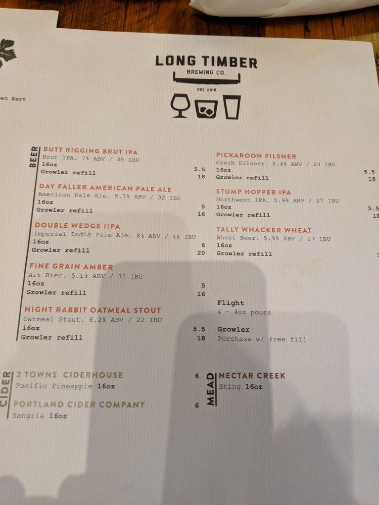 Menu at Long Timber Brewing pub & bar, Monroe