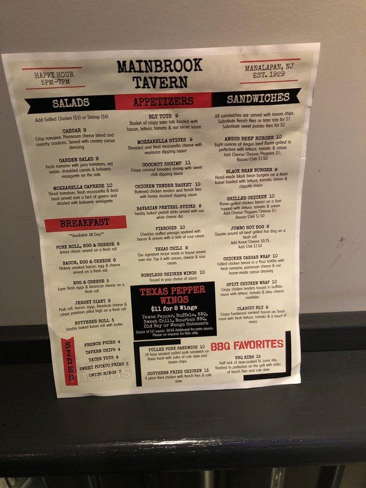 Menu at Mainbrook Tavern pub & bar, Englishtown