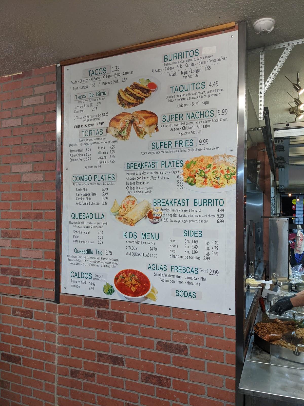 Menu at Navarro’s Taqueria restaurant, Santa Ana