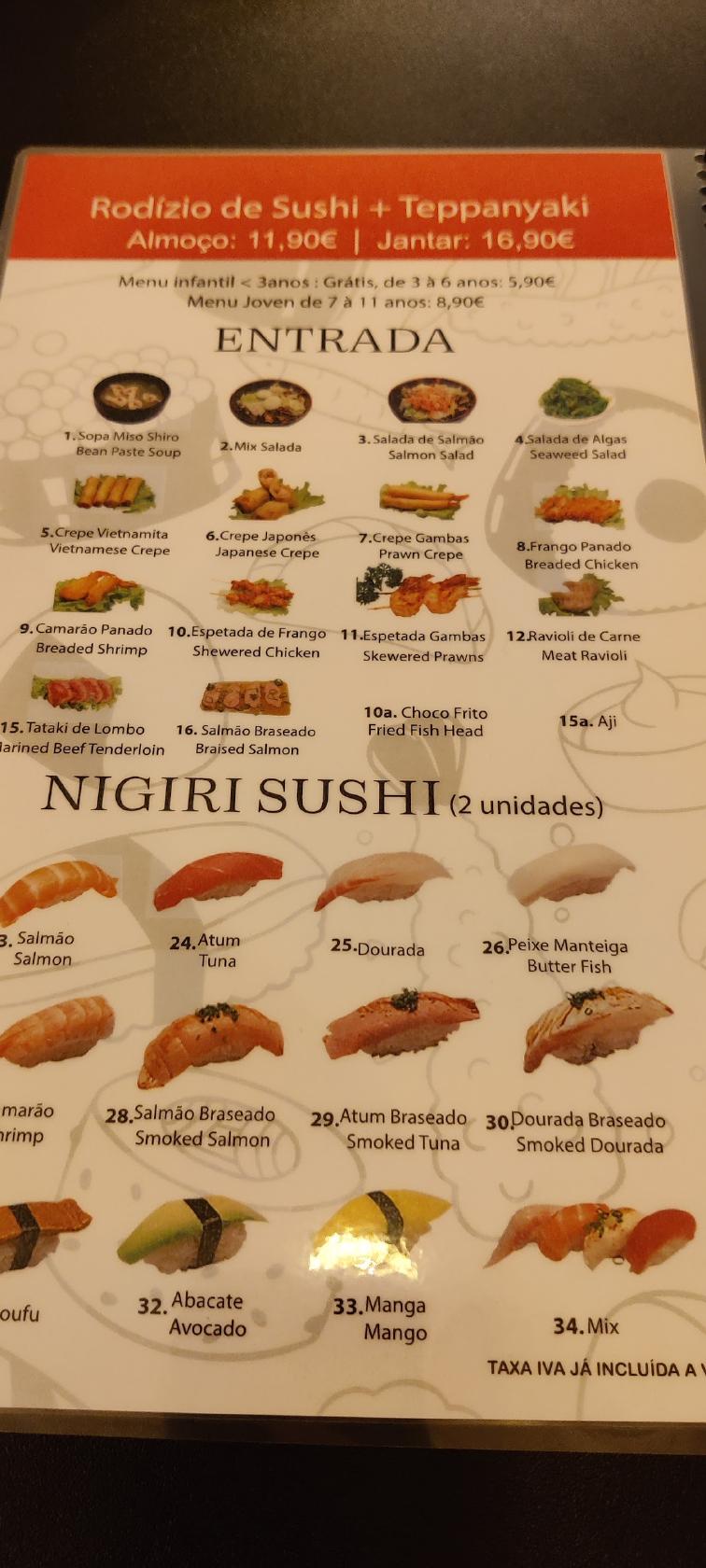 Menu at Sushi Misake restaurant, Guimaraes