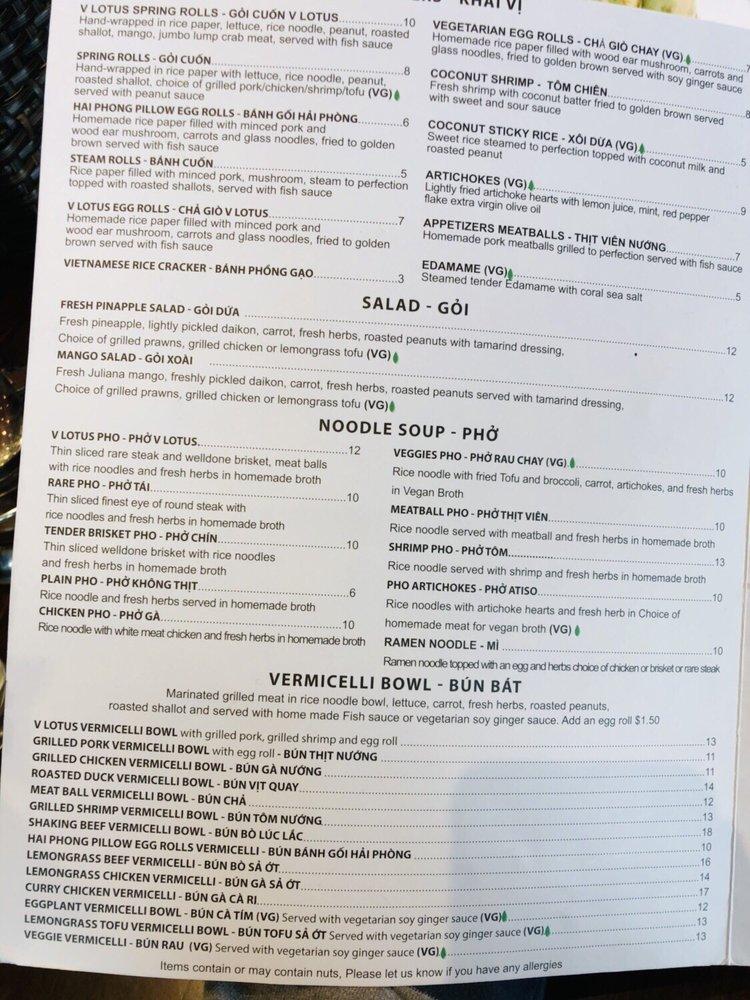 Menu at V Lotus restaurant, Sugar Land